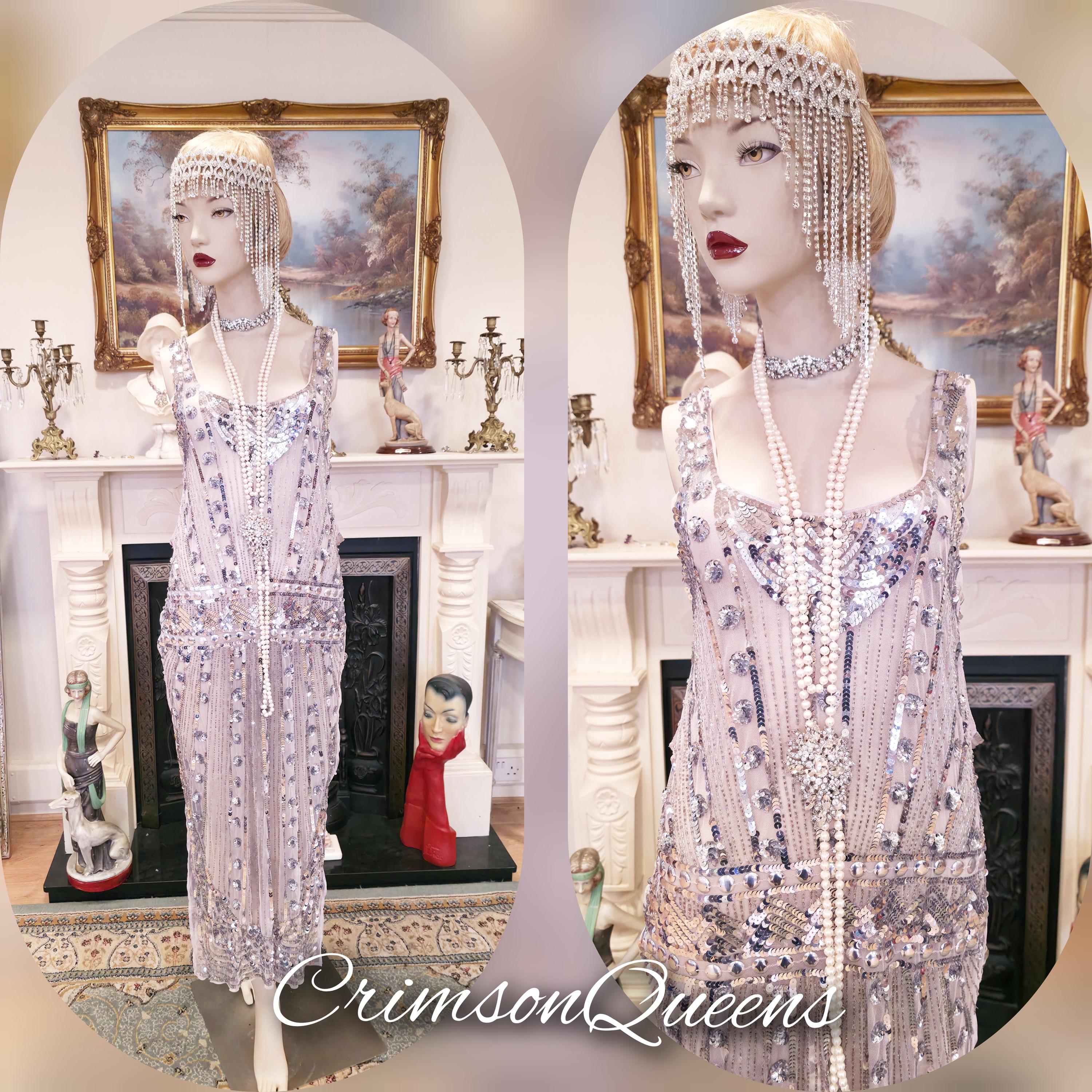 Flapper Dress 1920s Sequinned Beige Silver Dress Vintage Oriental Sheer ...