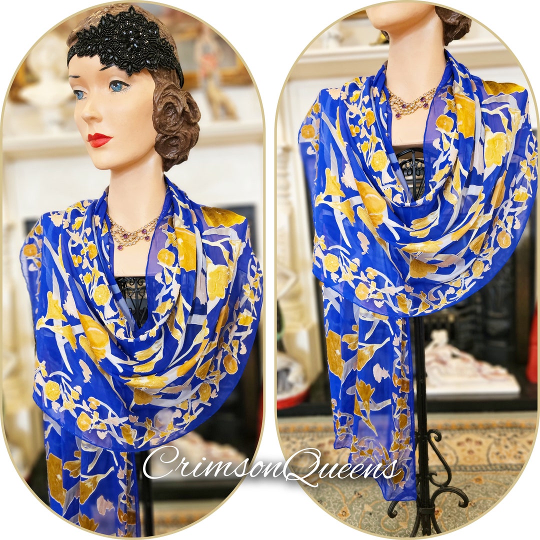 Vintage Floral Art Novueau Blue Gold Silk Devore Melting in Hands Shawl ...