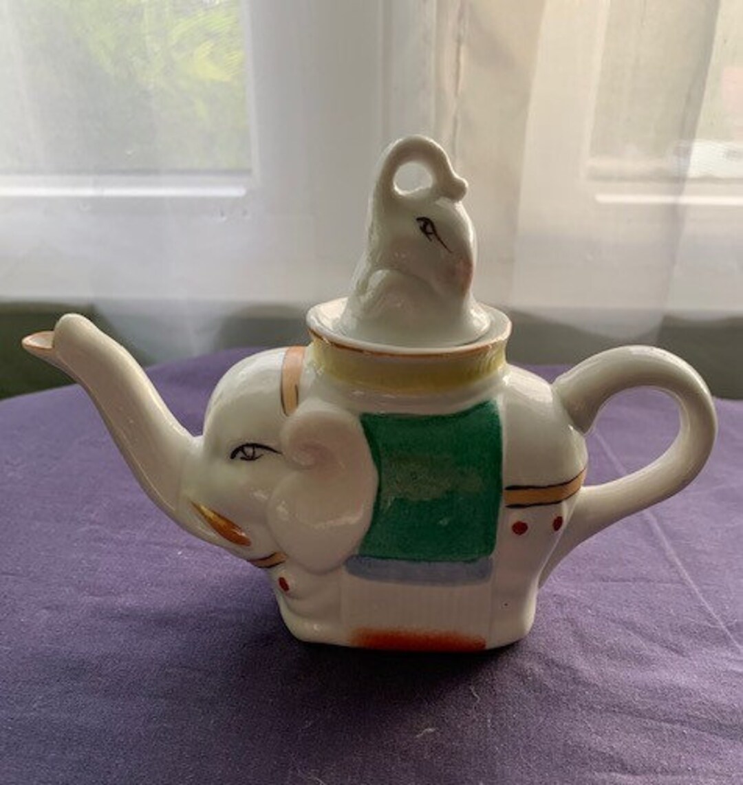 Vintage Porcelain Hand Painted Elephant Teapot With Baby Elephant Lid ...