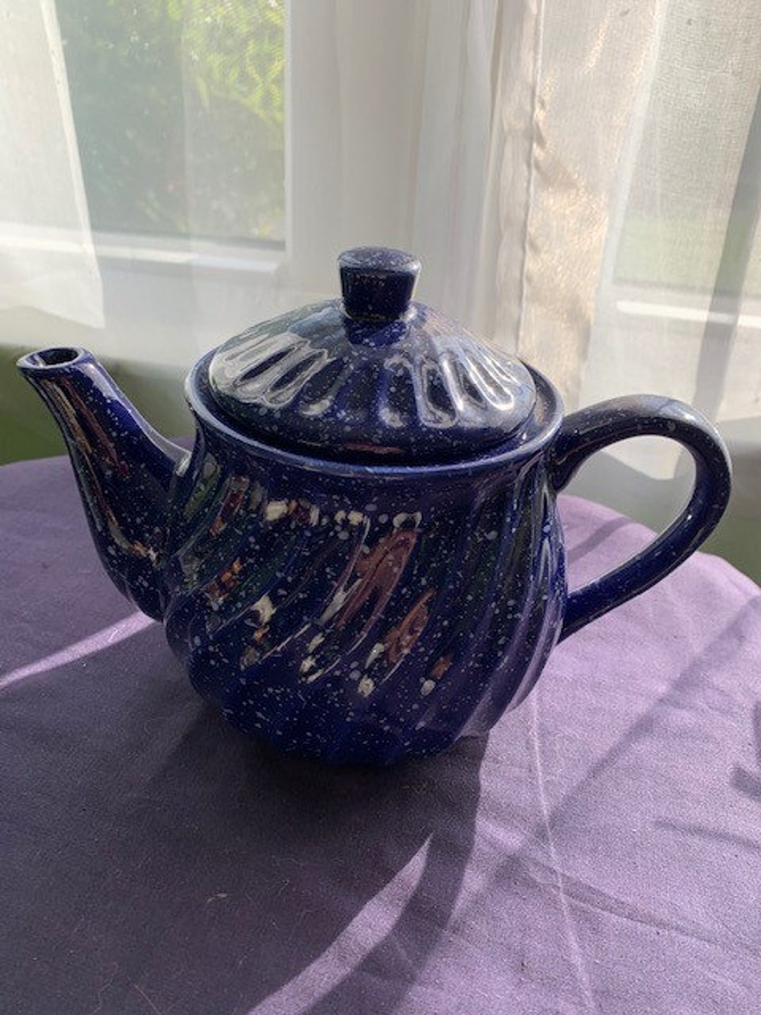 Vintage Cobalt Spatterware Simple Pot Bellied Teapot With Swirl Body ...