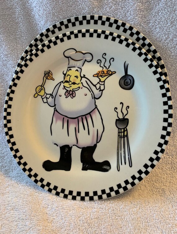 2 Vintage Fat Chef Gingham Border Ceramic Dinner Plates | Etsy