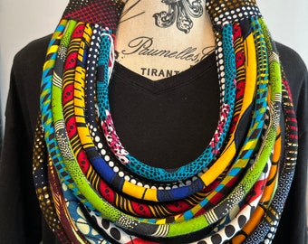 African Print Rope Necklace, Multi-strand Wax Fabric Statement Tribal ...