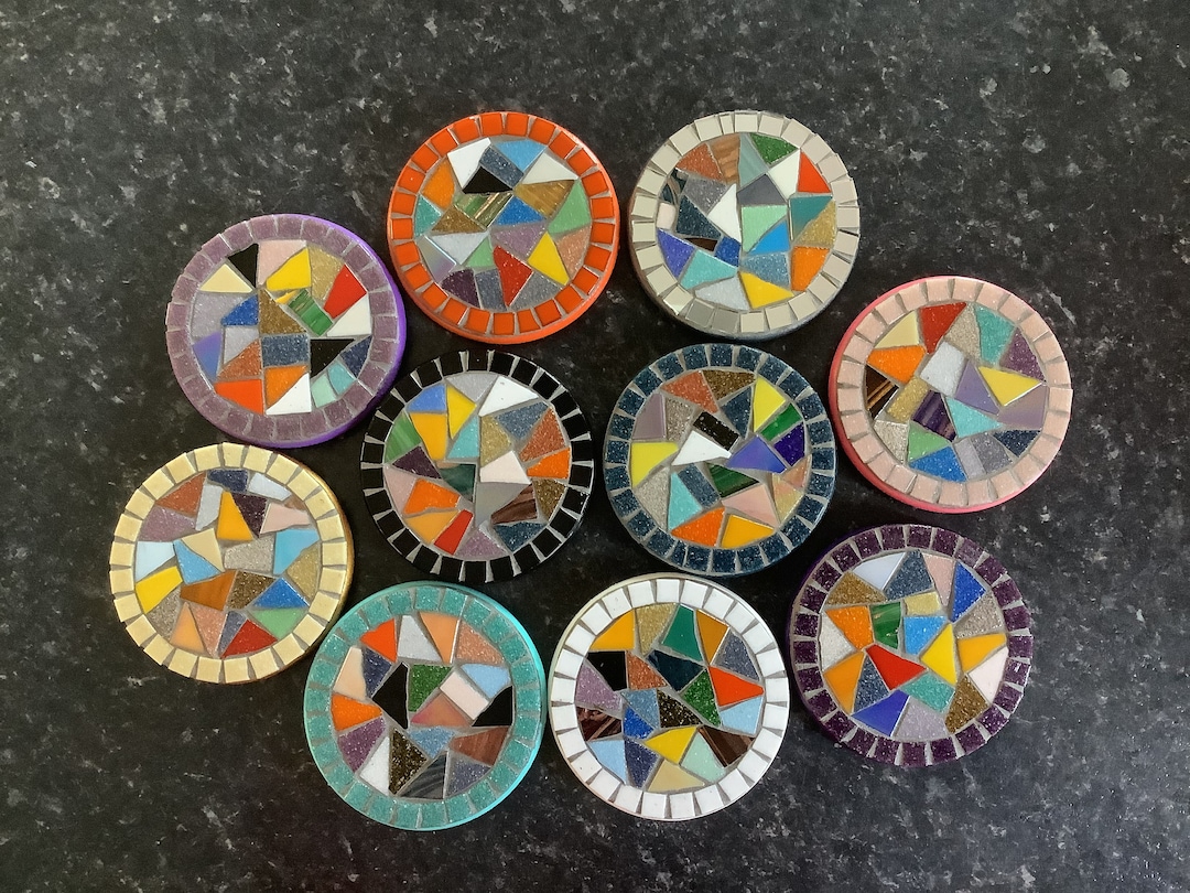 Handmade Mosaic Coasters – Round Glass Coasters With Colorful Borders ...