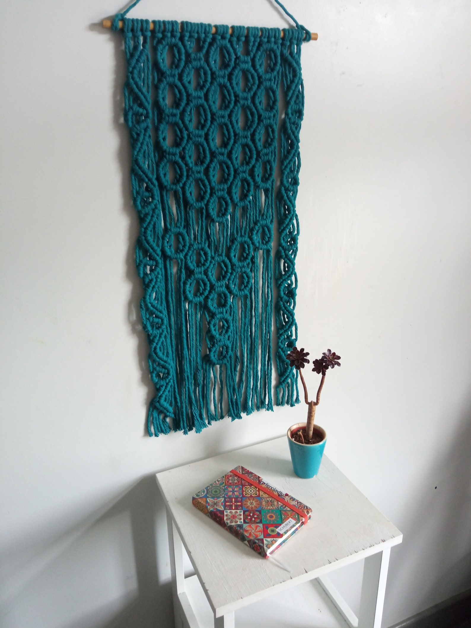 Blue Bubble Macrame, Boho Home Decor, Hoop Pattern Macrame, Big Wall ...