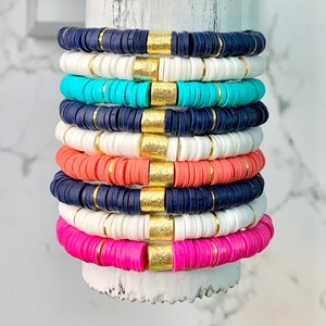 Brushed Gold Bar Bracelet Stackable Bracelet 6mm Heishi Beads Mothers Day Gift Neutral Bracelet ...