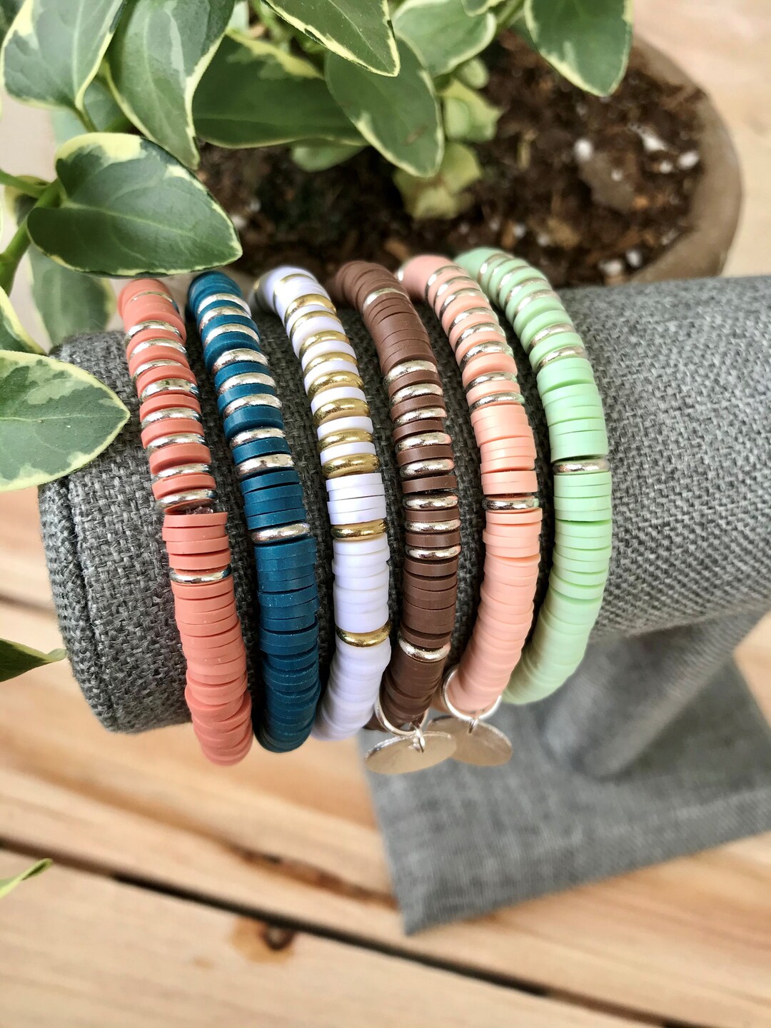 Heishi Bead Bracelet: Custom Stacking Bracelet With Charm - Etsy