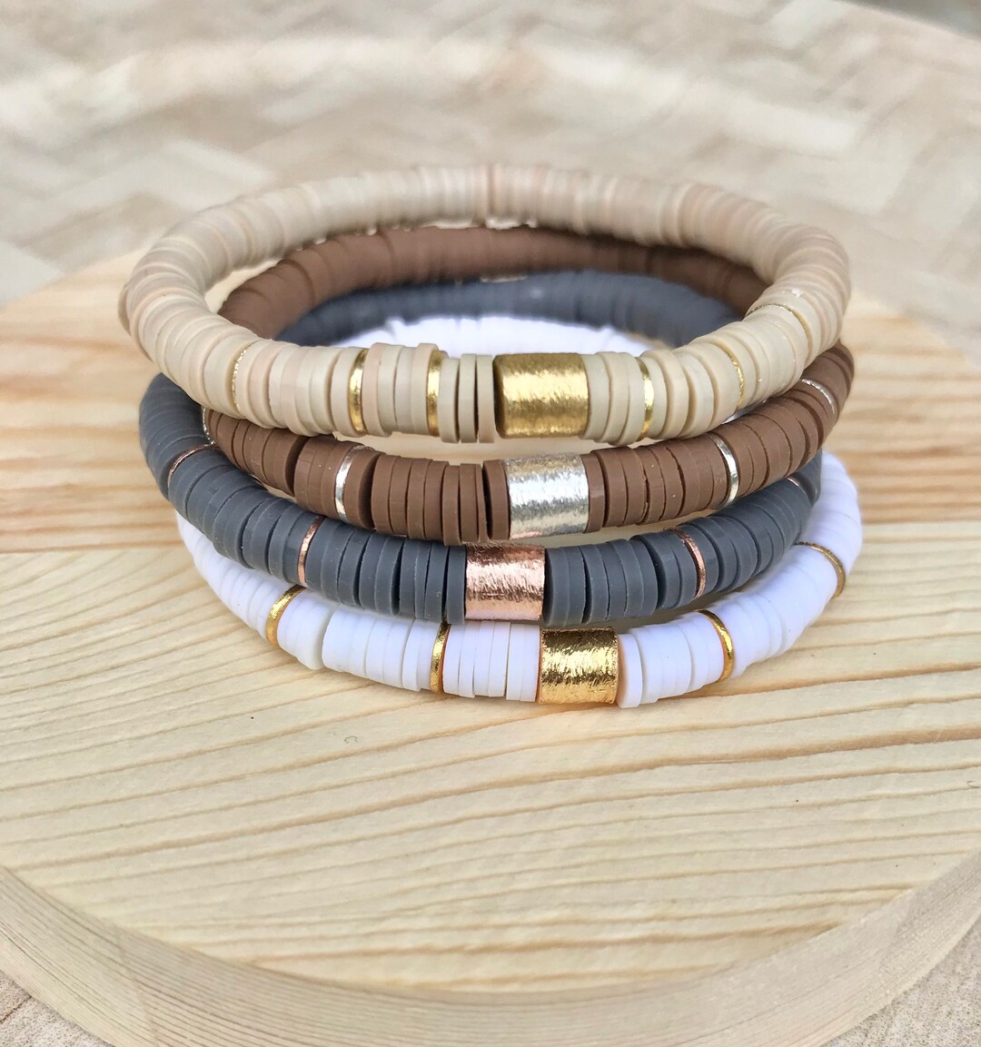 Brushed Gold Bar Bracelet Stackable Bracelet 6mm Heishi Beads Mothers Day Gift Neutral Bracelet ...