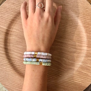 Brushed Gold Bar Bracelet Stackable Bracelet 6mm Heishi Beads Mothers Day Gift Neutral Bracelet ...