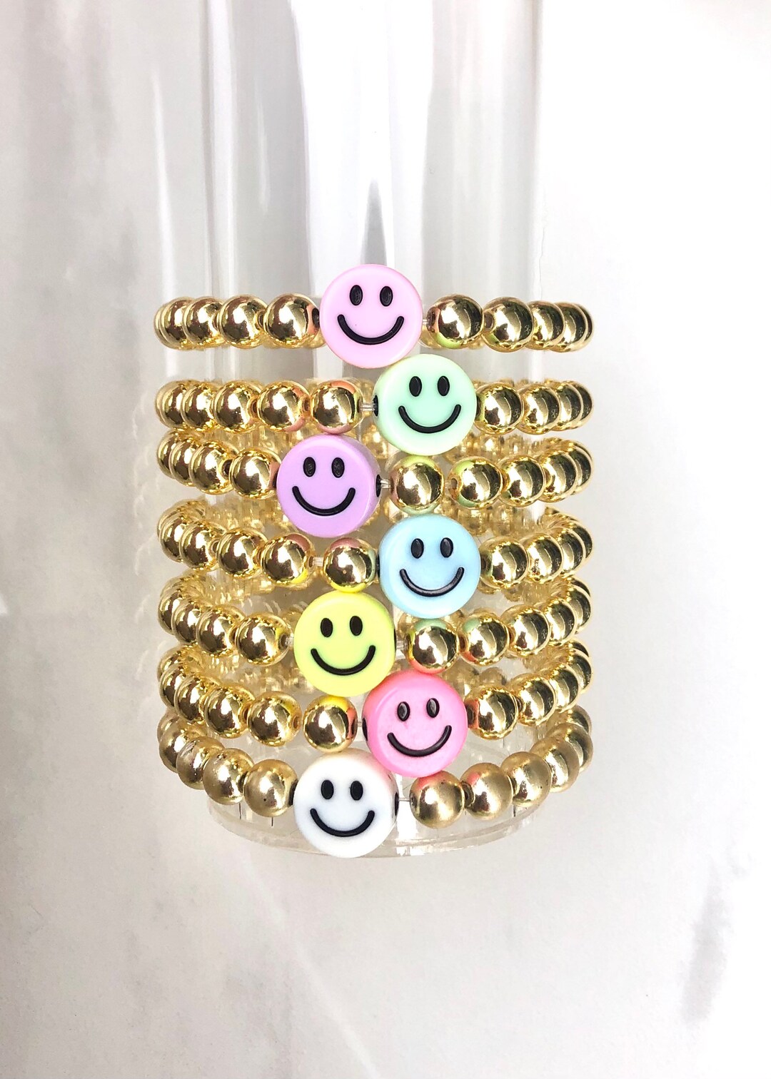 Smiley Face Bracelet • Gold Beaded Bracelet • Silver Beaded Bracelet ...
