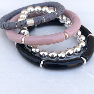 Brushed Gold Bar Bracelet Stackable Bracelet 6mm Heishi Beads Mothers Day Gift Neutral Bracelet ...