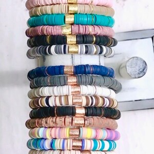 Brushed Gold Bar Bracelet Stackable Bracelet 6mm Heishi Beads Mothers Day Gift Neutral Bracelet ...