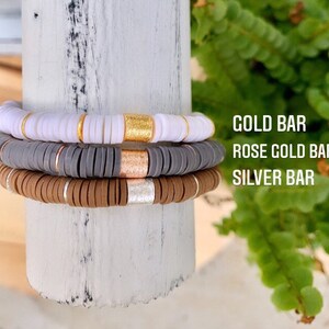 Brushed Gold Bar Bracelet Stackable Bracelet 6mm Heishi Beads Mothers Day Gift Neutral Bracelet ...