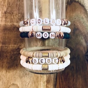 Brushed Gold Bar Bracelet Stackable Bracelet 6mm Heishi Beads Mothers Day Gift Neutral Bracelet ...