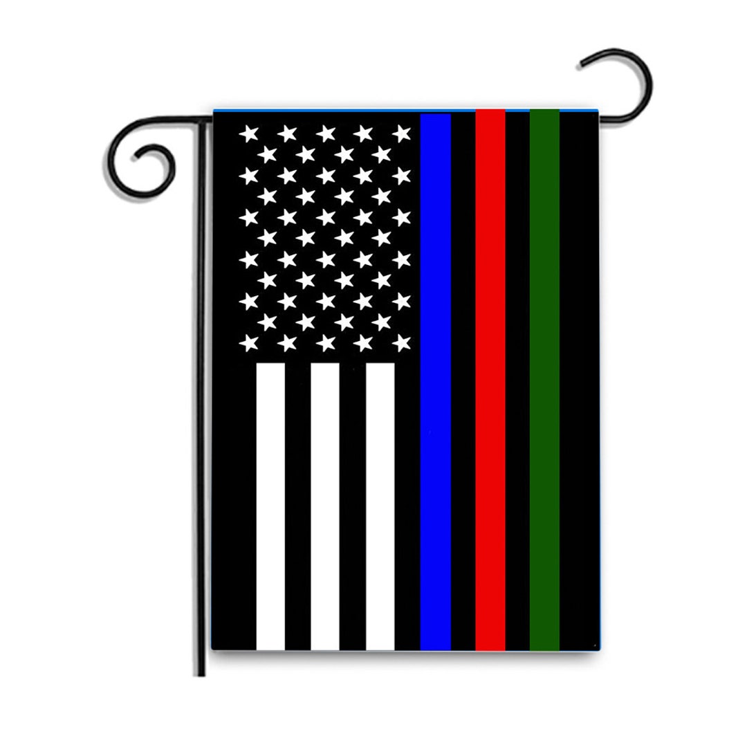 TWO Flags TWO Stands Military Police Firefighter Red Line Green Line ...