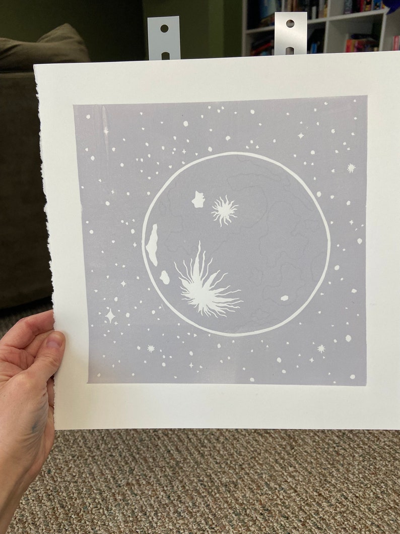 Moon Linocut, Space Print, Moon and Stars Art, Spacescape, Outerspace ...