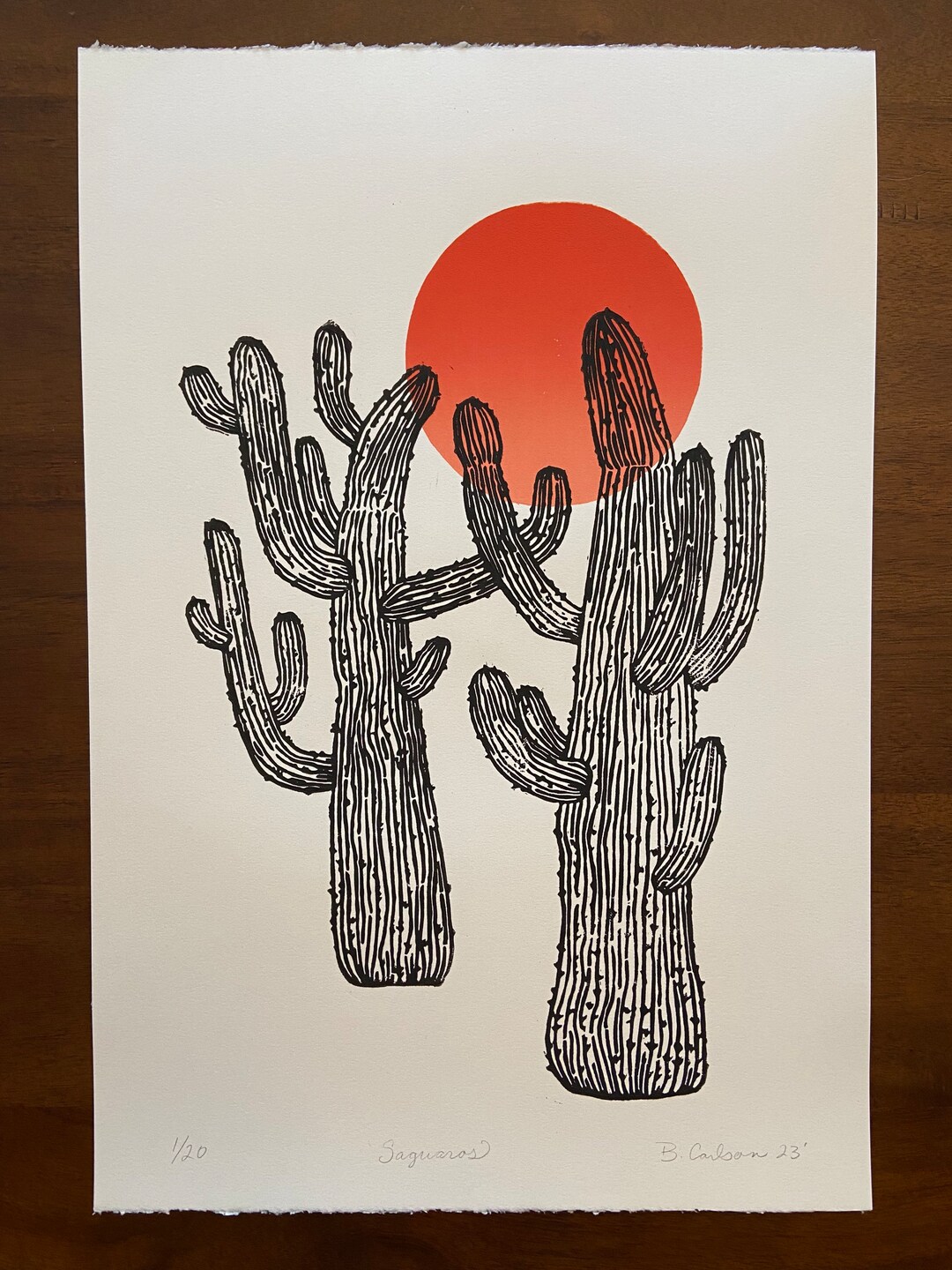 Saguaro Cactus, Cactus Sunrise, Arizona Art, Linocut Nature, Desert ...