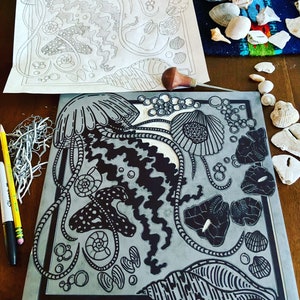 Beach Linocut, Linocut Print, Jellyfish Art, Nature Print, Ocean ...