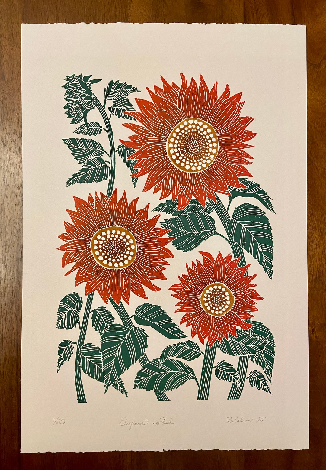 Red Sunflowers, Sunflower Linocut, Linocut Flowers, Sunflower Wall Art ...