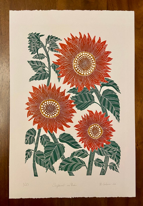 Red Sunflowers Sunflower Linocut Linocut Flowers Sunflower - Etsy