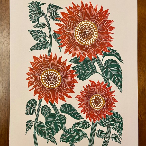 Sunflower Linocut Art - Etsy