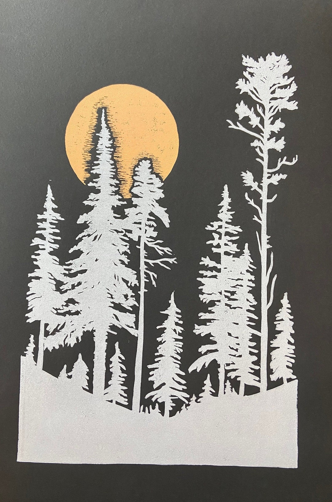 Blood Moon Forest, Forest Moon, Michigan Forest, Linocut, Linocutprint ...