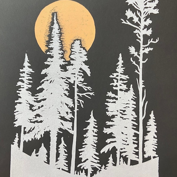 Linocut Moon - Etsy