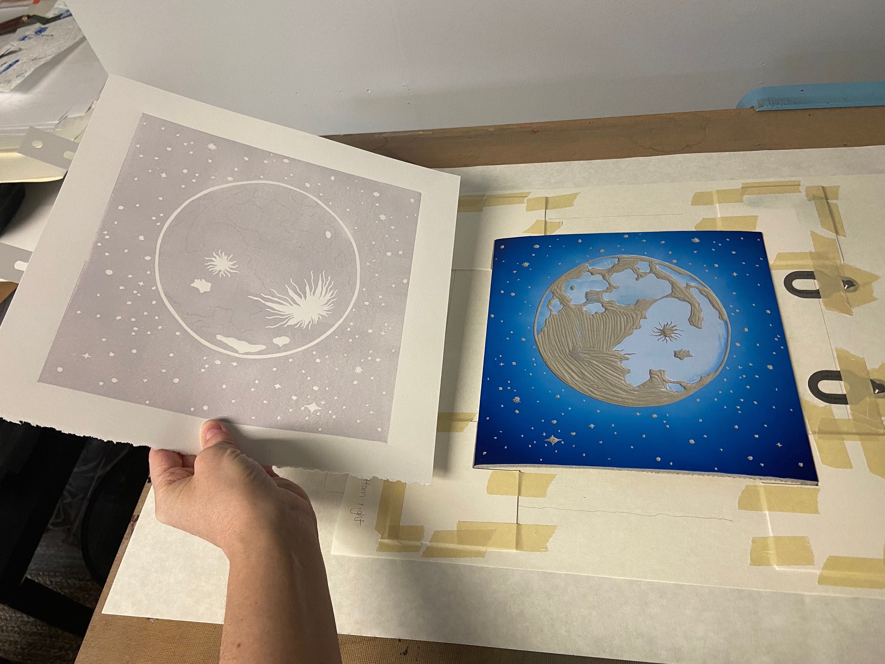 Moon Linocut, Space Print, Moon and Stars Art, Spacescape, Outerspace ...