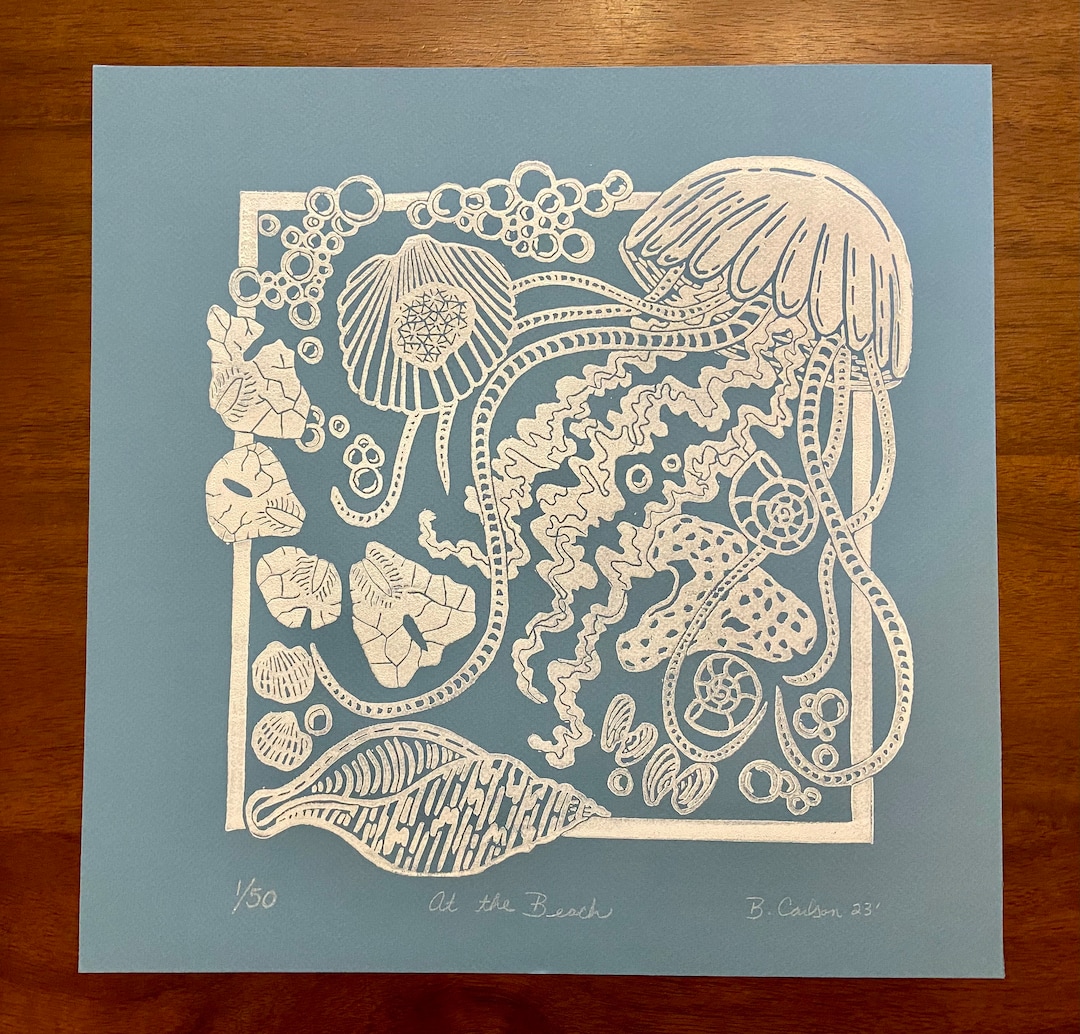 At the Beach, Linocut Art, Ocean Wildlife, Jellyfish Art, Beach Print ...