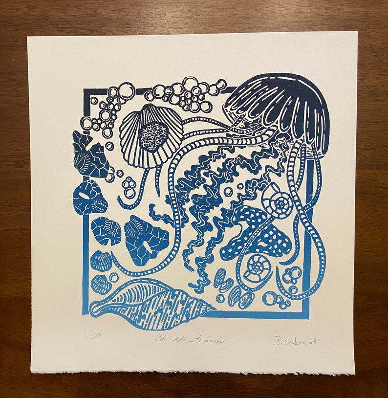 Beach Linocut, Linocut Print, Jellyfish Art, Nature Print, Ocean ...