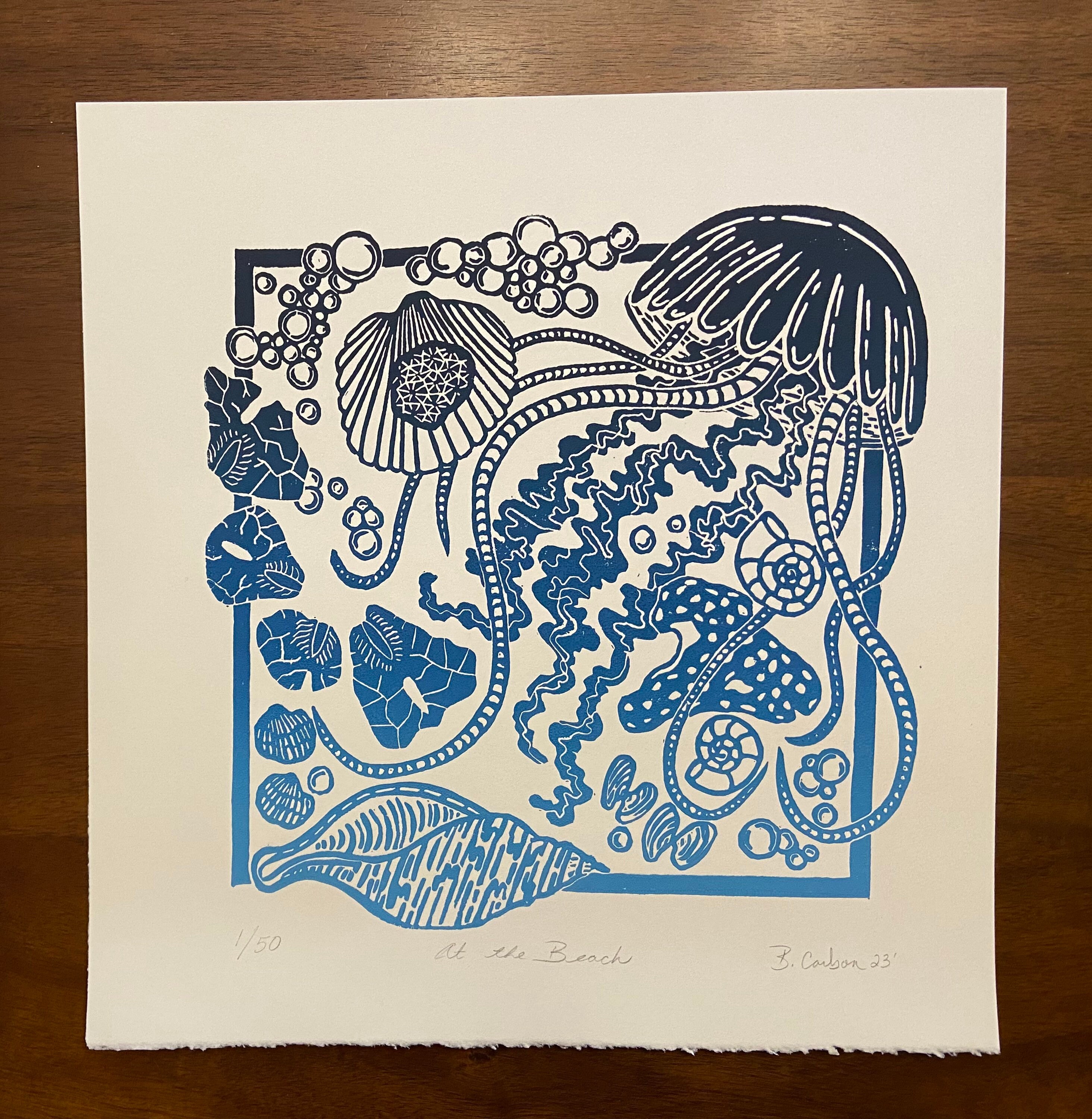 Beach Linocut, Linocut Print, Jellyfish Art, Nature Print, Ocean Wildlife, Shell Art - Etsy