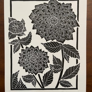 Dahlia Art, Linocut Flowers, Floral Print, Botanical Wall Art - Etsy