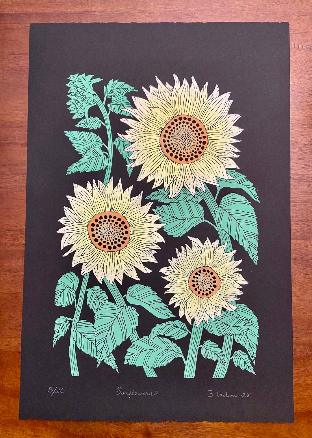 Sunflower Linocut Print: Botanical Wildflower Art on Black Cotton - Etsy