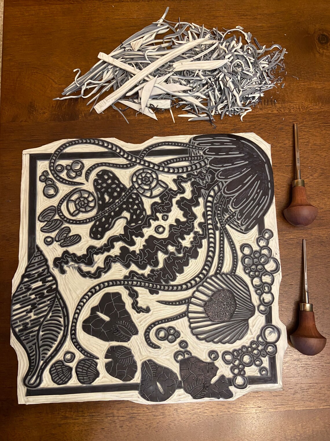 At the Beach, Linocut, Shells, Jellyfish, Ocean Art, Ocean Print - Etsy