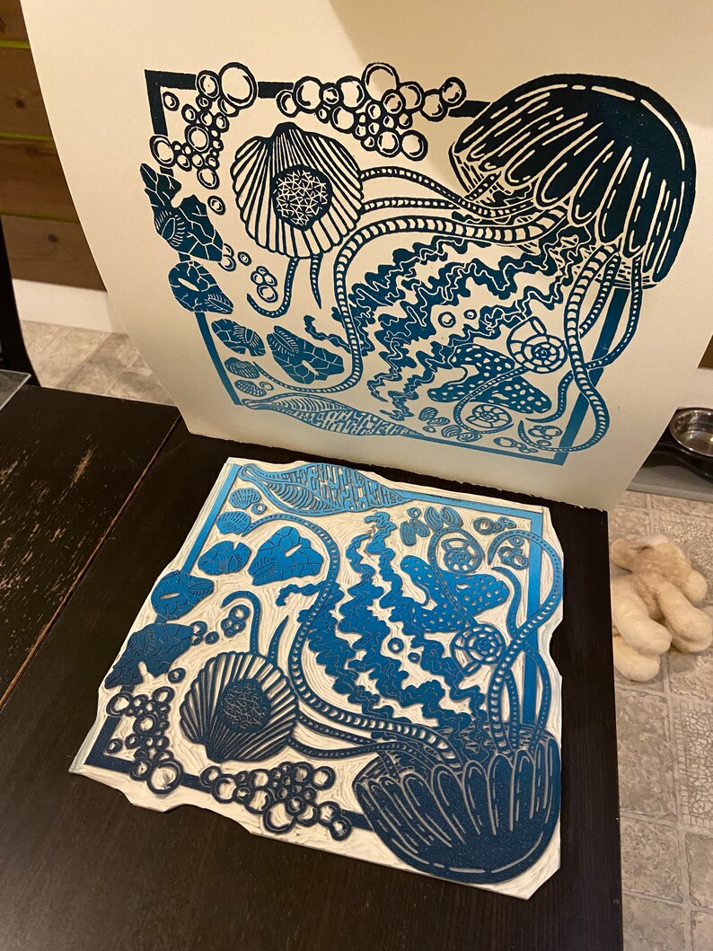 Beach Linocut, Linocut Print, Jellyfish Art, Nature Print, Ocean ...