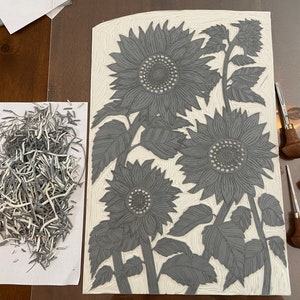 Red Sunflowers, Sunflower Linocut, Linocut Flowers, Sunflower Wall Art ...