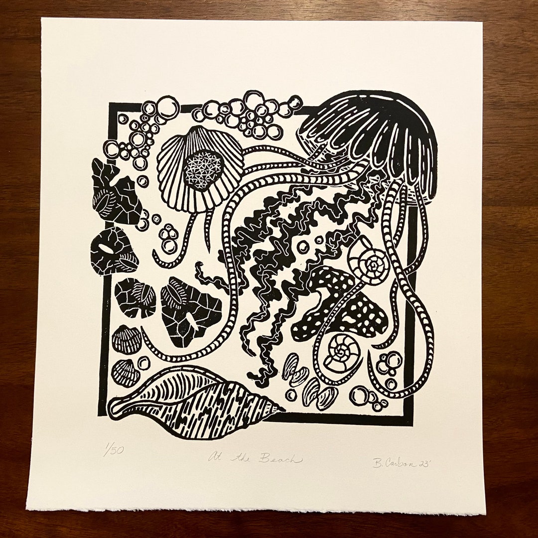 At the Beach, Linocut, Shells, Jellyfish, Ocean Art, Ocean Print - Etsy