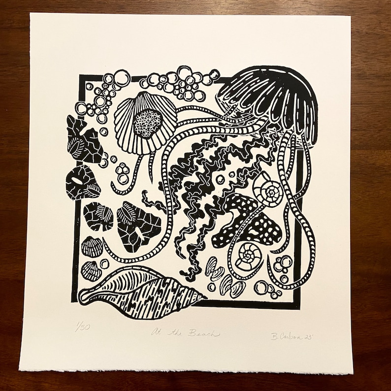 At the Beach, Linocut, Shells, Jellyfish, Ocean Art, Ocean Print - Etsy