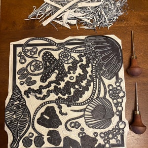 Beach Linocut, Linocut Print, Jellyfish Art, Nature Print, Ocean ...