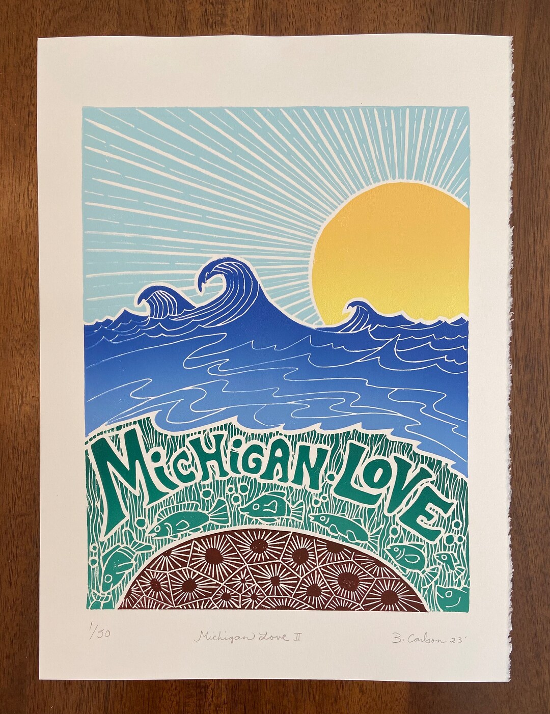 Michigan Love Art, Michigan Linocut Print, Petoskey Stone Art, Michigan ...
