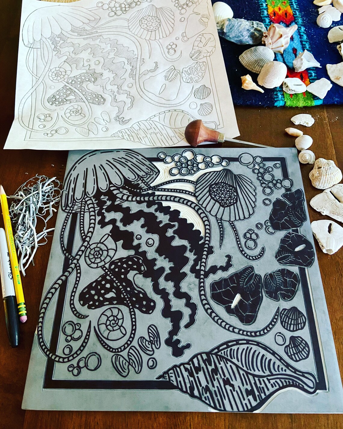 At the Beach, Linocut, Shells, Jellyfish, Ocean Art, Ocean Print - Etsy