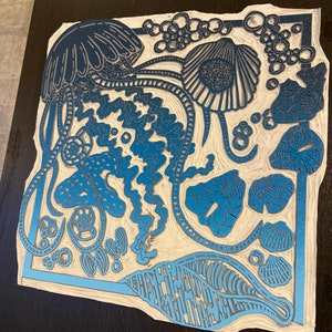 Beach Linocut, Linocut Print, Jellyfish Art, Nature Print, Ocean ...