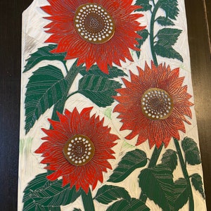 Red Sunflowers, Sunflower Linocut, Linocut Flowers, Sunflower Wall Art ...