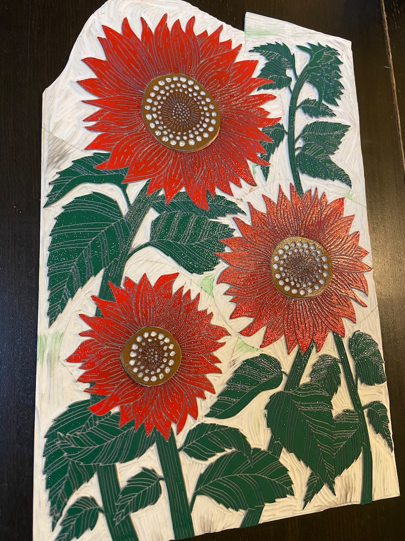 Red Sunflowers Sunflower Linocut Linocut Flowers Sunflower - Etsy