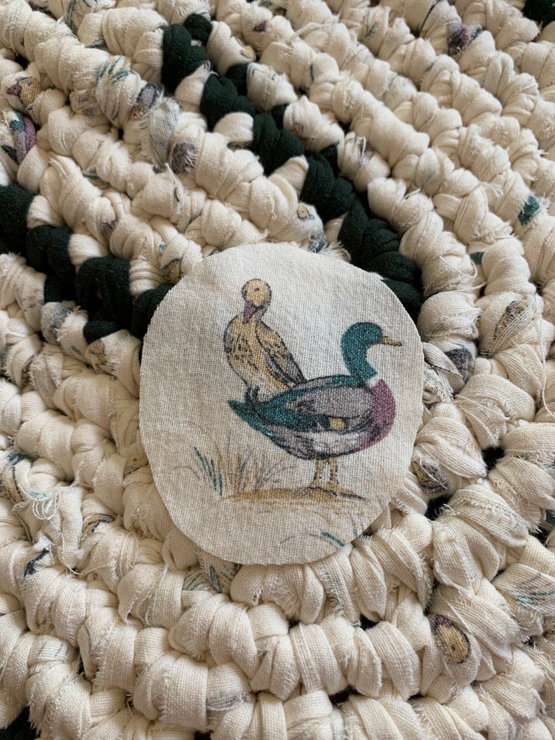 Repurposed Rag Rug, Handmade Crochet Mat, Green Print Throw Rug - Etsy