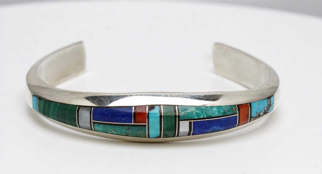 Signed P. Sanchez Multi-gemstone Inlay Sterling Silver Cuff Bracelet ...
