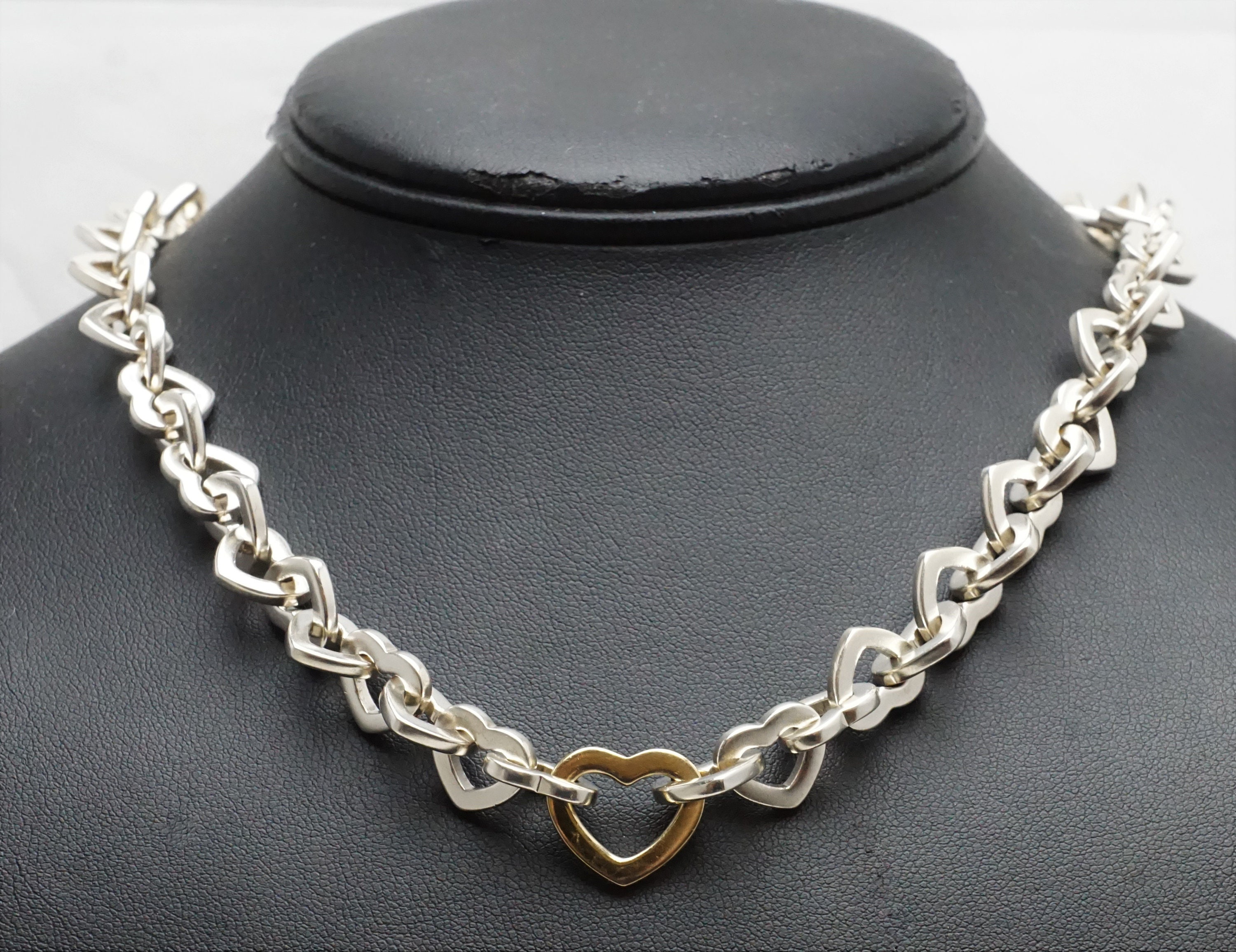 2000 Tiffany Co Heart Link Chain Necklace Choker 925 Sterling Silver and 18K Yellow Gold D0285 Etsy