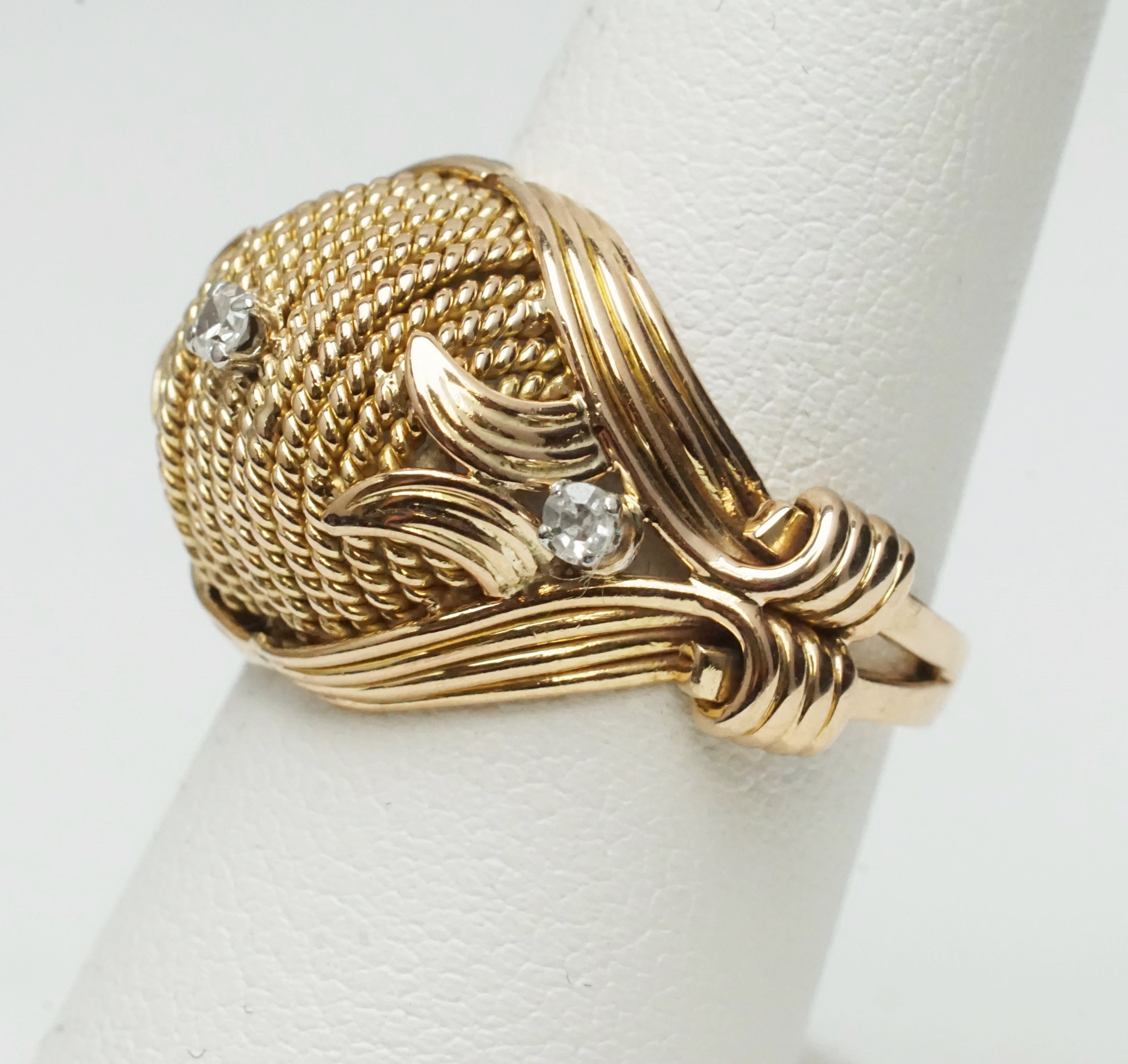 Retro Era 18K Yellow Gold Basket Rope Ring With Diamond Accents (D1045 ...