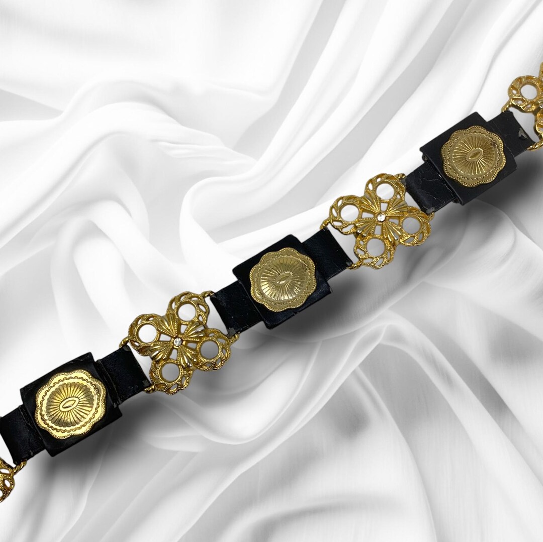 Vintage 1980's Gold Concho Artisan Links Vegan Leather Belt Sz M/L ...