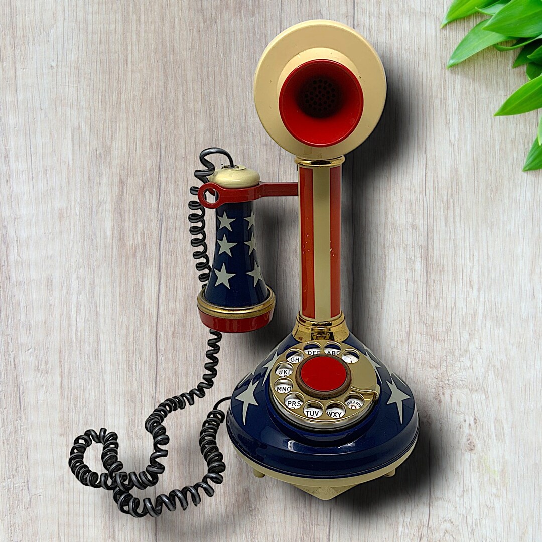 Vtg 1973 American Flag Candlestick Rotary Telephone Patriotic Stars ...