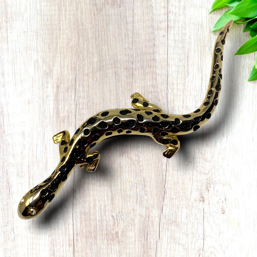 Vintage 1980's Modernist Salamander Brooch Pin Gold Tone Crystal Eye ...
